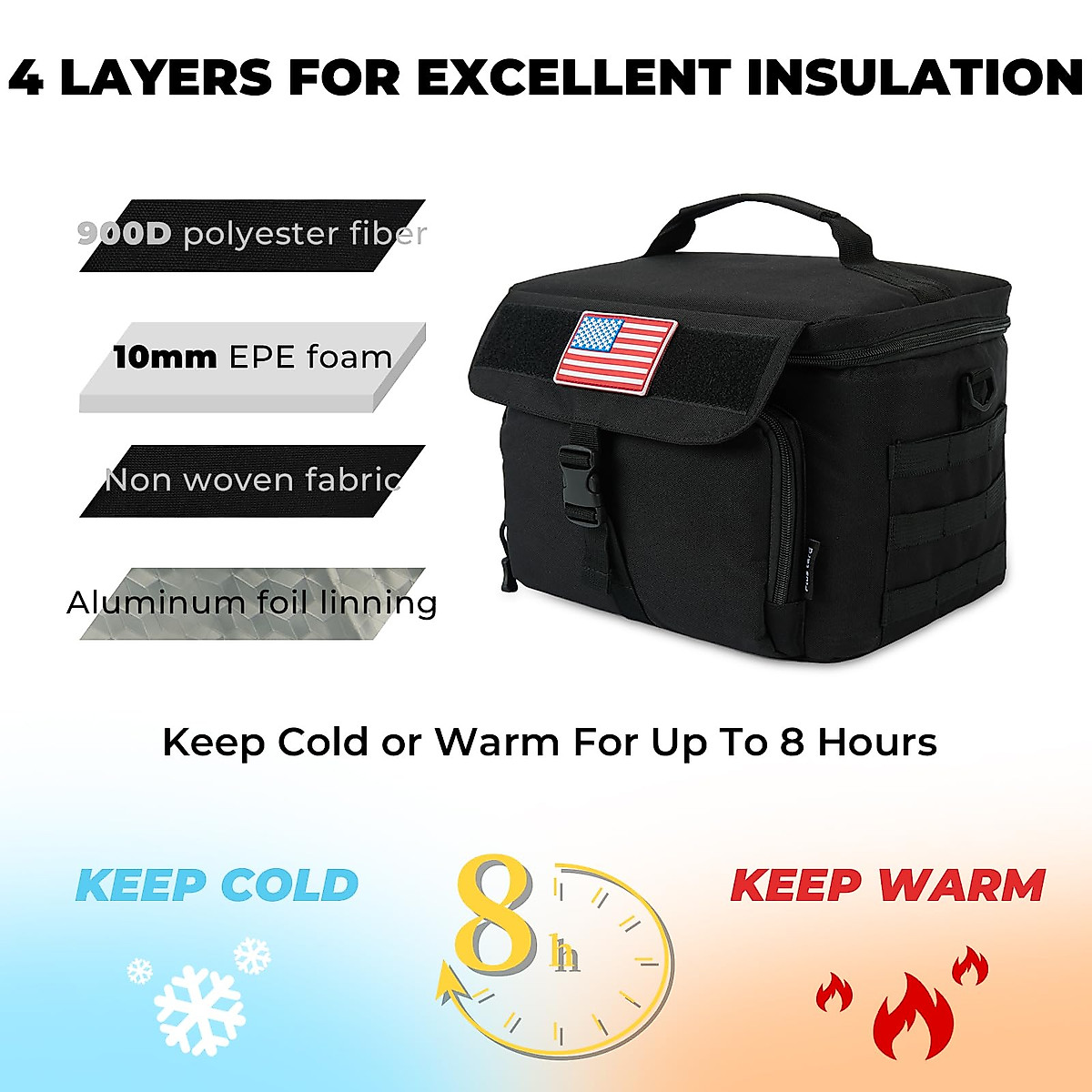 Ronyes Tactical Lunch Box for Men， Large Insulated Lunch Bag with Shoulder Strap,Heavy Duty Lunch Cooler MOLLE Webbing, Leakproof Lunch Pail for Work Camping Fishing-Black