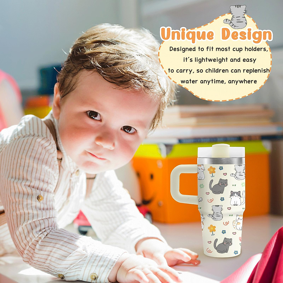 Cute Cat Gifts for Kids, Cat Tumbler with Handle and Straw for Kids 14 oz, Cat Lovers Gifts for Toddlers, Insulated Stainless Steel Cats Mug, Birthday Gifts for Girls Boys Daughter Son