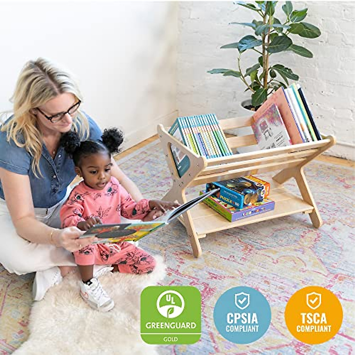 ECR4Kids Book Caddy with Shelf, Bookshelf with Storage, Natural