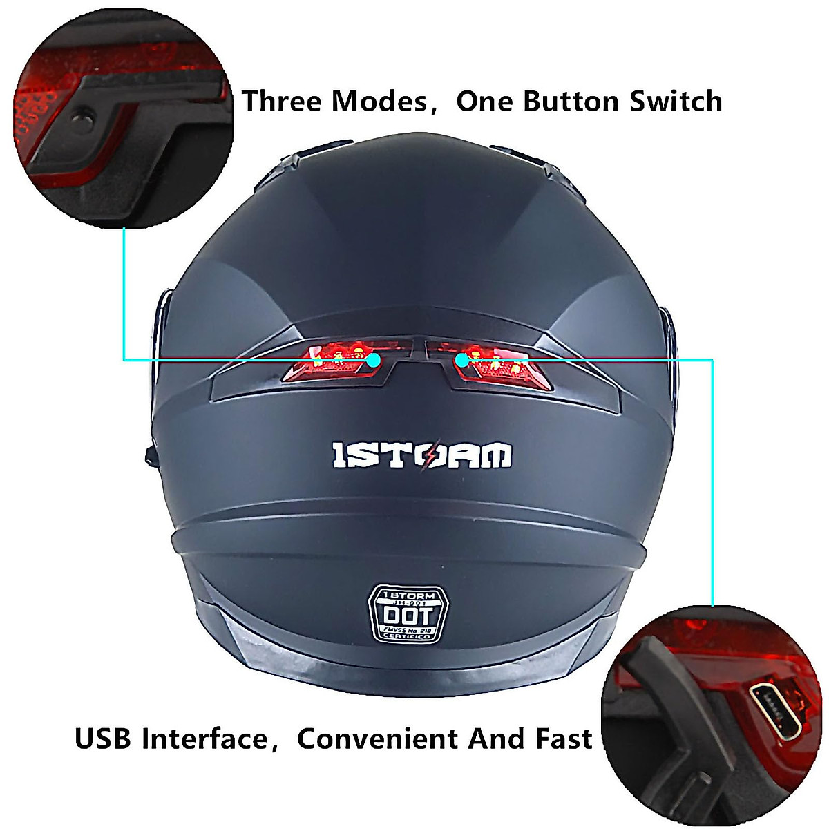 1Storm New Motorcycle Bike Modular Full Face Helmet Dual Visor Sun Shield with Rechargeable LED Tail Light: Matt Black