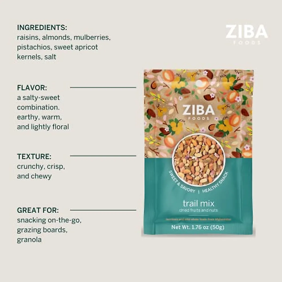 Ziba Foods Trail Mix - Sweet Apricot Kernels, Mulberries, Raisins, Almonds & Pistachios - Non-GMO, Vegan, Whole 30 Friendly & Paleo - High in Fiber, Iron & Antioxidants - Sweet & Savory, Pack of 6
