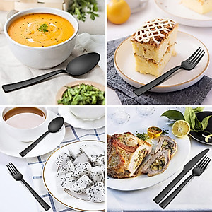 LIANYU 65-Piece Matte Black Silverware Set with Serving Utensils, Stainless Steel Flatware Cutlery Set for 12, Square Tableware Eating Utensils Set for Wedding Home, Satin Finish, Dishwasher Safe