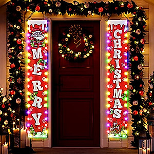 Christmas Decorations Reversible Christmas Banner with String Lights,Merry Christmas Banner Porch Sign,Christmas Banners for Outside Xmas Outdoor Decor Front Door Yard Garage（Battery Not Included）