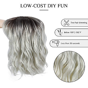 Rose bud Wavy Bob Wig with Bangs Natural Ombre Silver Wig Synthetic Hair Shoulder Length Short Curly Wigs for Women