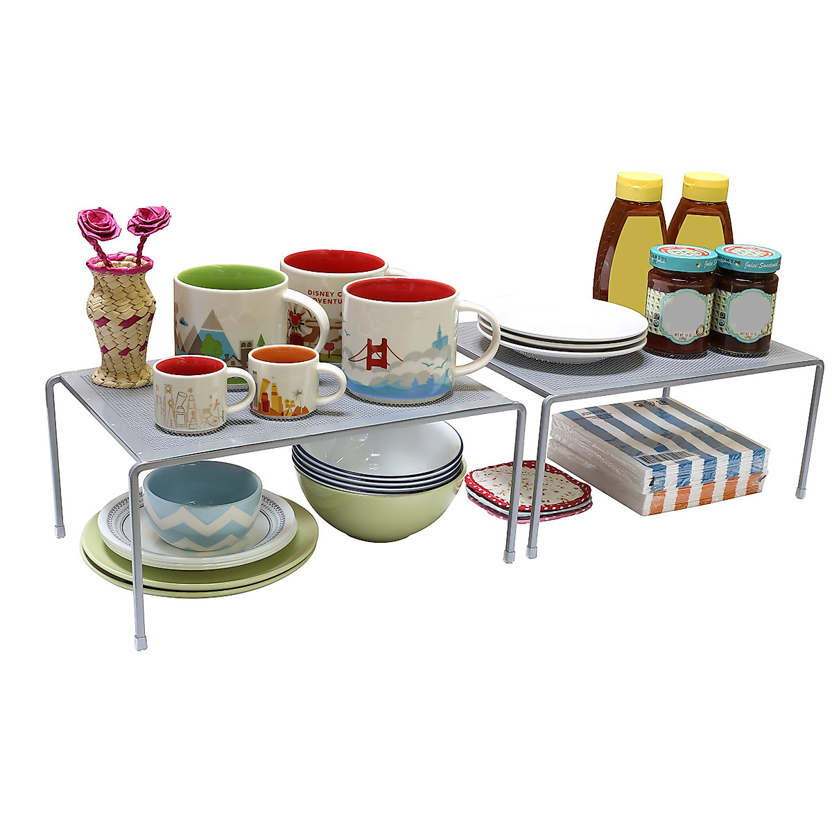 DecoBros Expandable Stackable Kitchen Cabinet and Counter Shelf Organizer,Silver