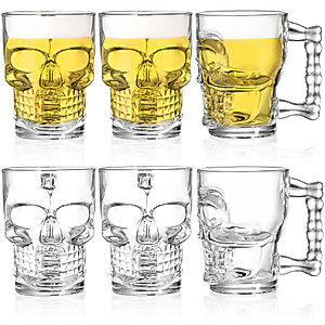 Hacaroa 6 Pack 17 Oz Skull Glass Beer Mug with Handle, Heavy Base Drinking Tiki Glasses, Clear Funny Beer Stein Cup for Whiskey, Wine, Juice, Bar, Halloween Decorations Gifts