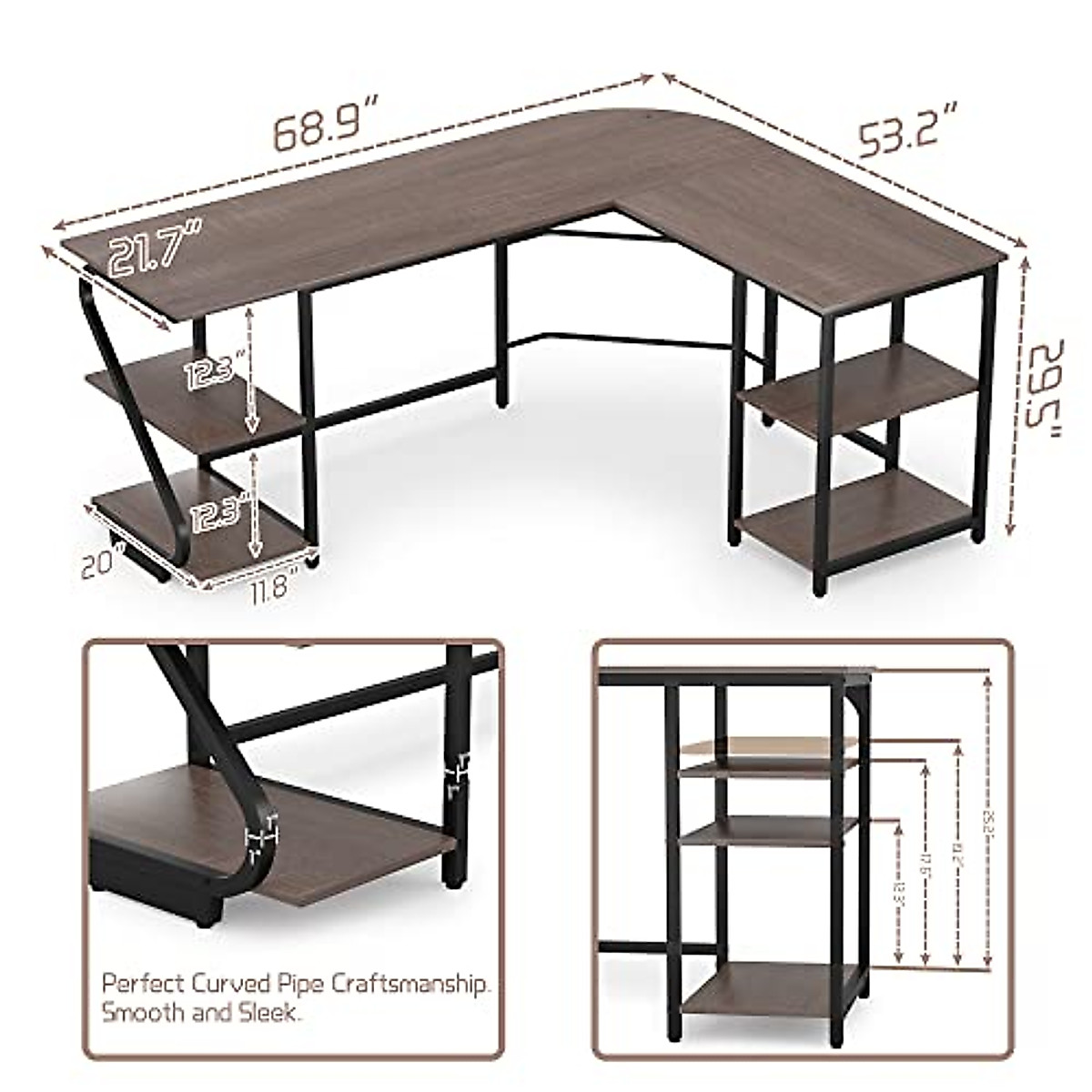 Merronix L Shaped Computer Desk with Shelves, Reversible Gaming Corner Desk, Modern Home Office Desk PC Workstation Space Saving, Dark Brown