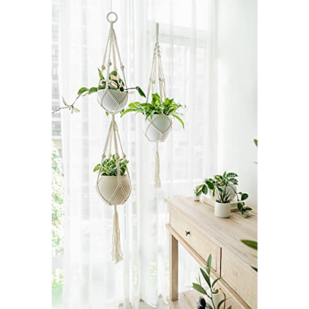 Mkono Macrame Plant Hanger Indoor Outdoor Hanging Planter Basket Cotton Rope 4 Legs 41 Inch