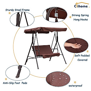 Clihome Porch Swing Chair Outdoor Patio Swing Set 2-Person Swing Chairs for Outside Outdoor Swings for Adults Adjustable Canopy Suitable for Patio, Garden, Poolside, Balcony, Backyard(Brown)