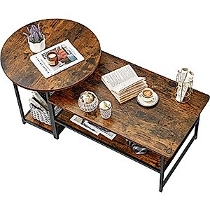 WOHOMO Coffee Table, 2 in 1 Unique Detachable Nesting Coffee Table Set of 2, Small Round and Rectangular Living Room Table Set, Industrial Modern Style Coffee Tables for Living Room, Rustic Brown