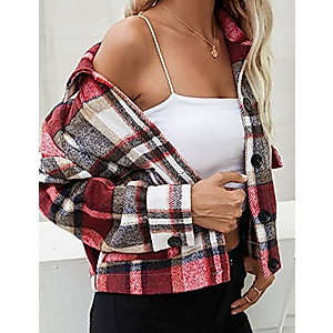 UANEO Womens Cropped Plaid Shacket Brushed Button Down Casual Flannel Shirt Jacket (Red, Large)