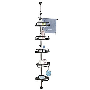 BAOYOUNI 5-Tier Shower Corner Caddy Tension Pole Adjustable Bathroom Shelf Floor to Ceiling Storage Rack Organizer Holder with Towel Bar - No Drilling - Black