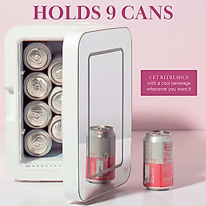 Paris Hilton Refrigerator and Personal Beauty Fridge, Mirrored Door with Dimmable LED Light, Thermoelectric Cooling and Warming Function for All Cosmetics and Skincare Needs, 10-Liter, White