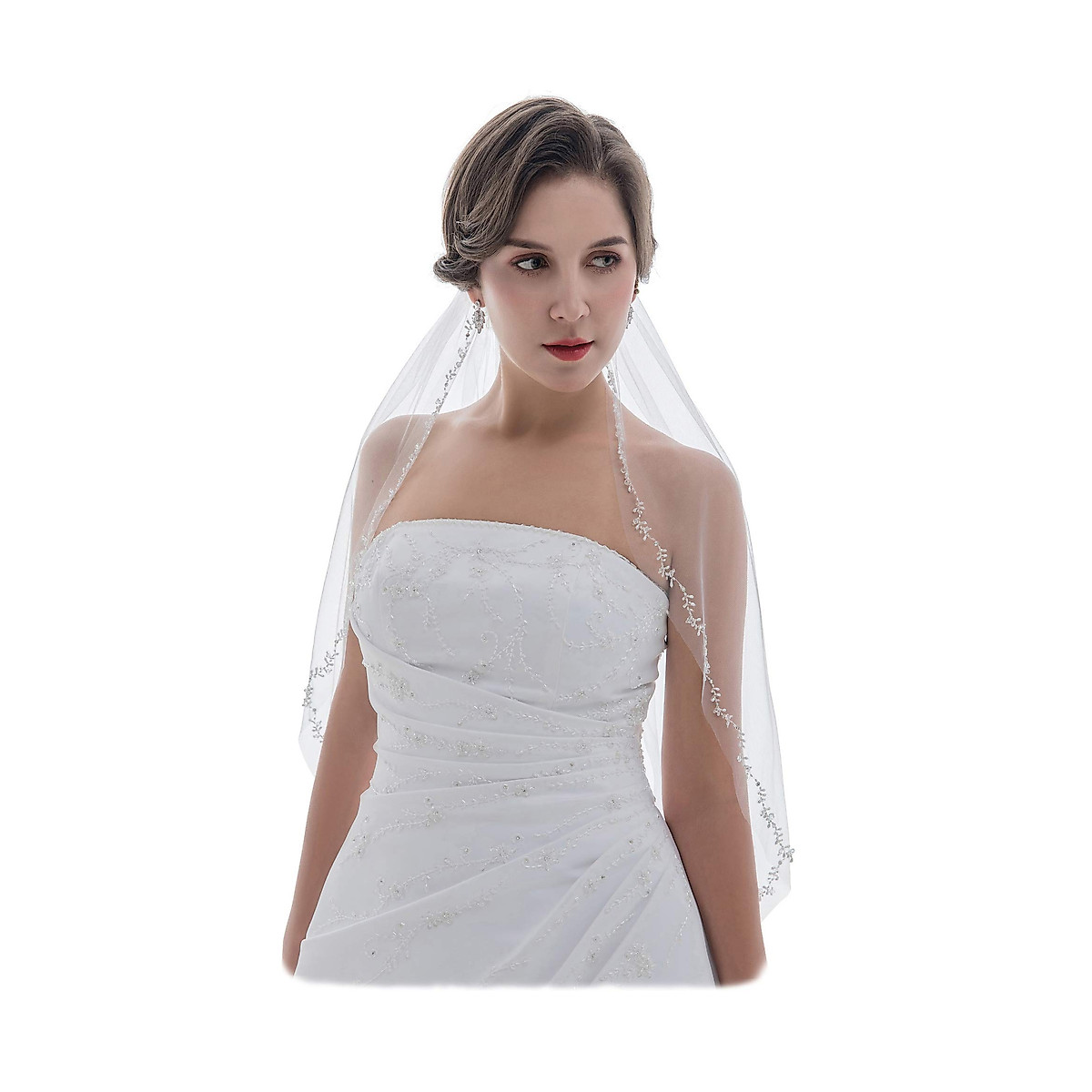 SAMKY 1T 1 Tier Offset Floral Vine Edge Crystal Pearl Veil - Light Ivory Fingertip Length 36" V580