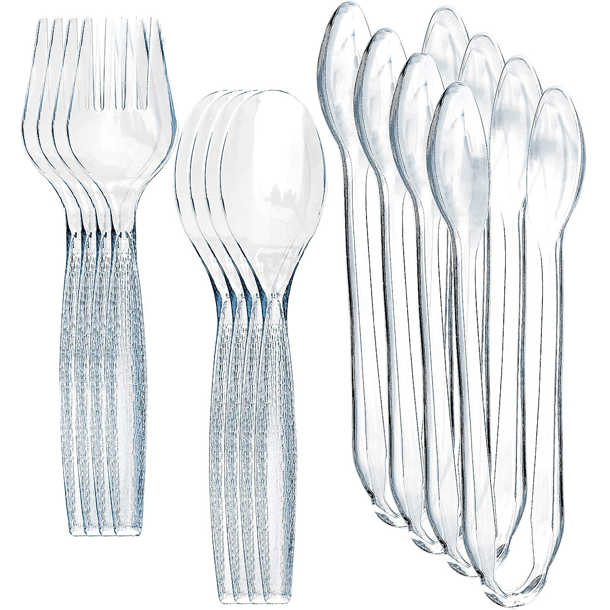Prestee 15 Piece Transparent Plastic Disposable Serving Utensils Set - 10" Spoons, Tongs, Forks - Disposable Serving Trays and Platters for Kitchen Dining, Buffet Cutlery Sets, Serving Trays (15pk)