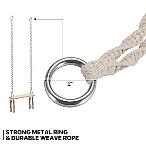 MoNiBloom Wooden Swing with Tassels, Outdoor Swing Seat for Adults with 350 lbs Capacity, Backyard Adjustable Rope Swing for Tree, Indoor/Outdoor Hanging Wood Swing Sets for Patio Garden Playground