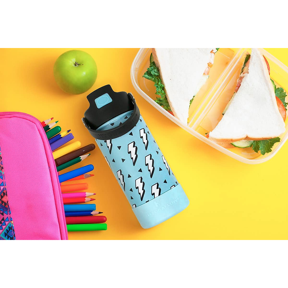 Hydraflow Hybrid Kids Water Bottle with Flip Straw Lid and Boot - Triple Wall Vacuum Insulated Water Bottle (14oz, Rocketships) Stainless Steel Metal Thermos, Reusable Leak Proof BPA-FREE