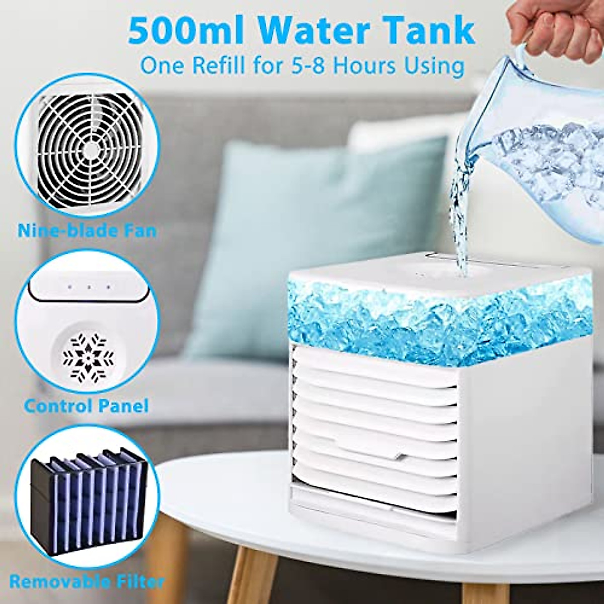 coosolvo Portable Air Conditioner, Personal Air Cooler with Quiet 3 Wind Speeds, Cooling Fan with Large Water Tank, Mini AC Unit with 7 Color Light, USB Small Air Conditioner for Home