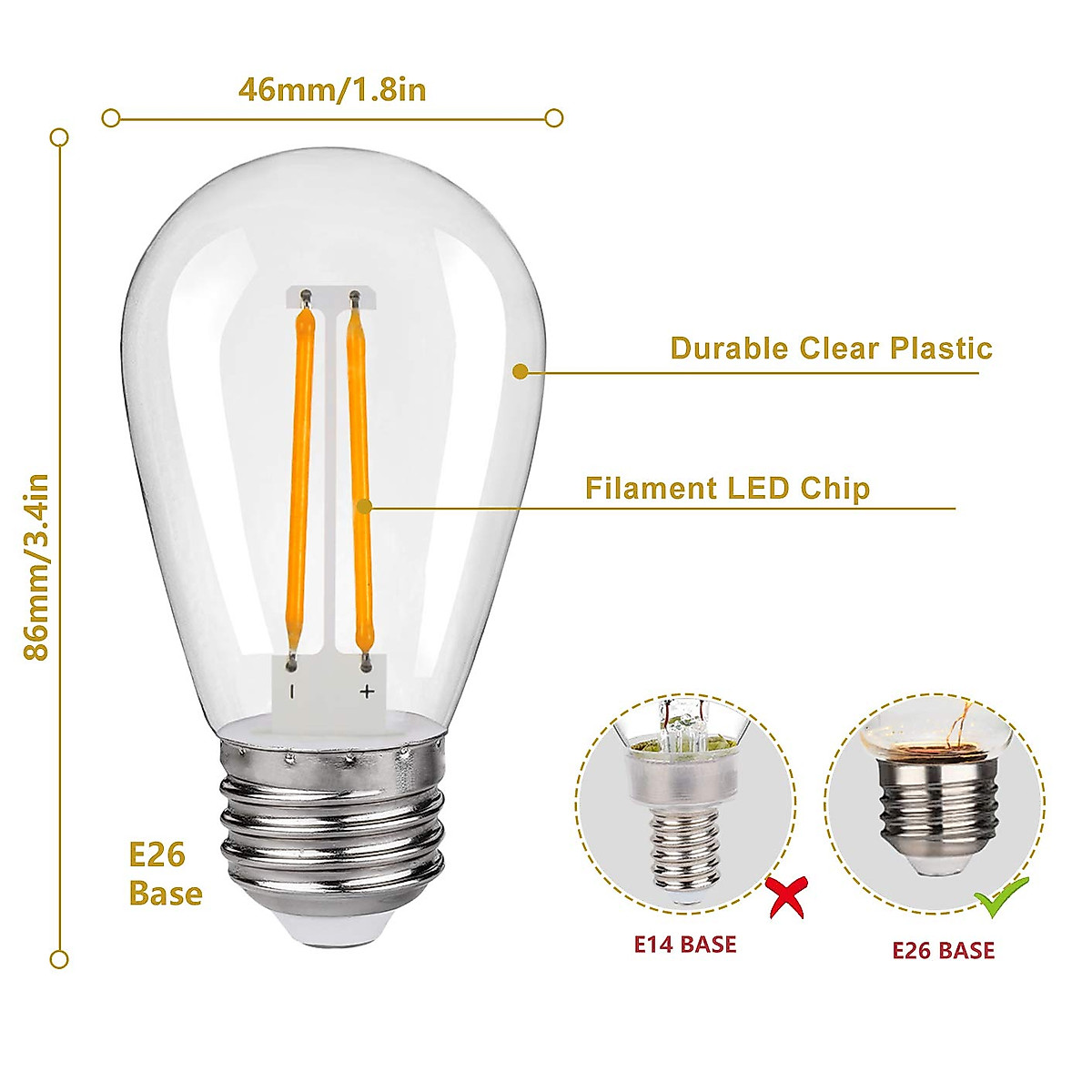 RuiAoTD 25Pack S14 LED Replacement Light Bulbs, Shatterproof Outdoor String Plastic Light Bulbs, 2W Equivalent 20W, E26 Base, 2200K Warm White LED Vintage Light Bulbs, Non-Dimmable