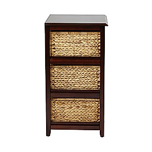 OSP Home Furnishings Seabrook Storage Tower with Solid Wood Frame and Natural Baskets, 3-Drawer, Espresso Finish