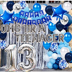 13th Birthday Decorations Blue for Boys, OMG UR A Teenager 13th Birthday Decoration, Blue 13th Birthday Banner Number 13 Star Foil Balloons with Blue Confetti Balloons for 13 Year Old Birthday Boys