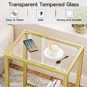 HOOBRO Side Table, 2-Tier End Table, Nightstand for Tight Spaces, Tempered Glass Bedside Table, Modern Metal Frame, for Office, Bedroom, Living Room, Study, Gold GD76BZ01