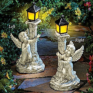 Collections Etc Solar Powered Light-up Lantern with Cherub Figurine - Intricate Carved Details in Cherub and Light Post Displays, Resin Material Safe for All Weather, Silver