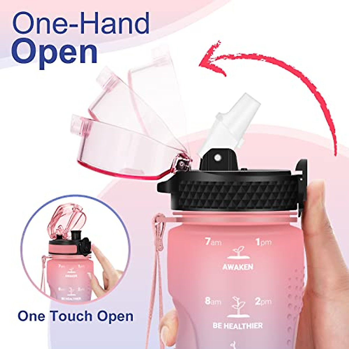 AIDEAMART 24 OZ Motivational Kids Water Bottle With Time Marker,Straw Lid&Chug Lid, Leak Proof, Tritan BPA Free Sports Water Pink-Blue(2 Lid)