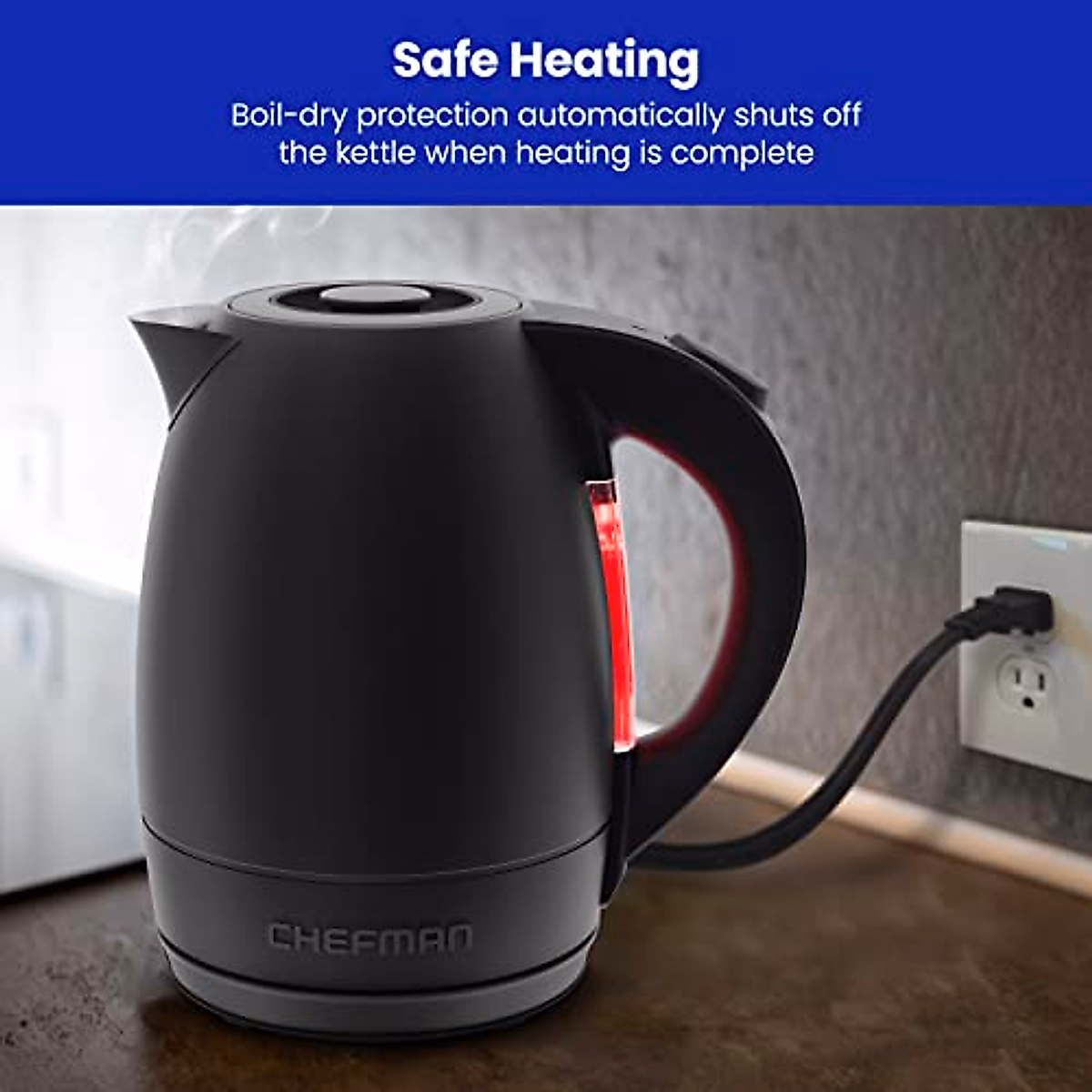Chefman Electric Kettle, 1.8 Liter Stainless Steel Electric Tea Kettle Water Boiler with Automatic Shutoff, LED Lights, Boil-Dry Protection, Hot Water Electric Kettles for Boiling Water, Black