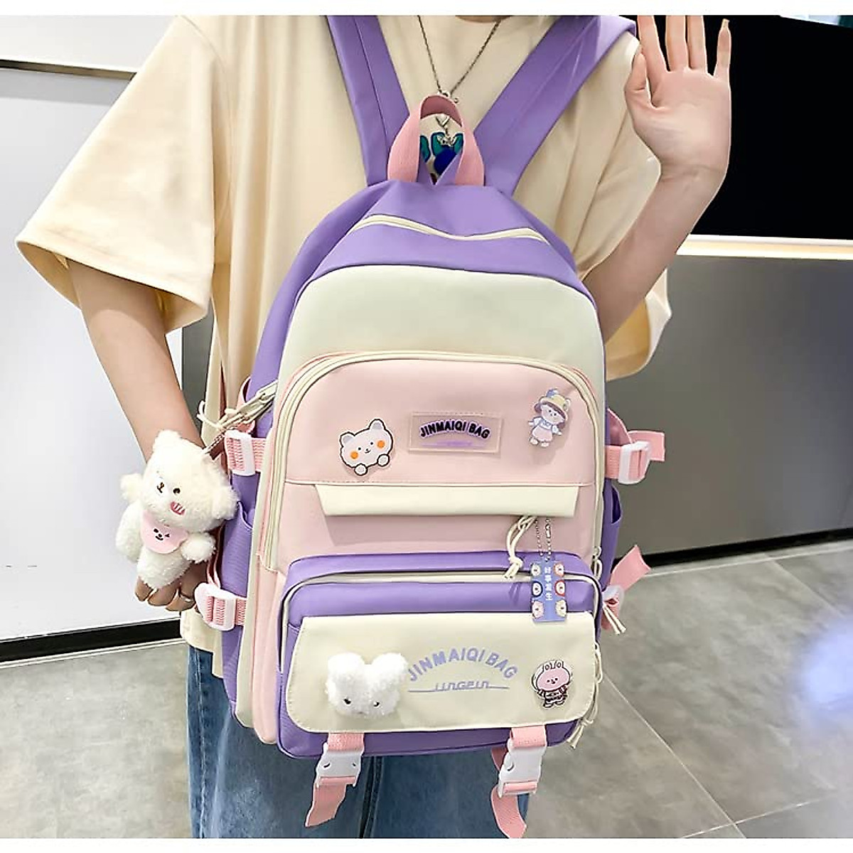 DAHUOJI Kawaii Backpack Set 5pcs Aesthetic Backpack for School Teens Girls Daypack Large with Pendants and Pins, Pen Case, Tote Bag, Small Bag(Purple)