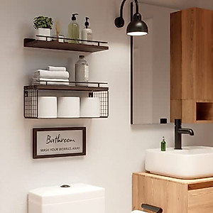 WOPITUES Floating Shelves with Bathroom Wall Décor Sign, Farmhouse Wood Bathroom Wall Shelves Over Toilet with Paper Storage Basket Set of 3, Rustic Floating Shelf with Guardrail–Rustic Brown