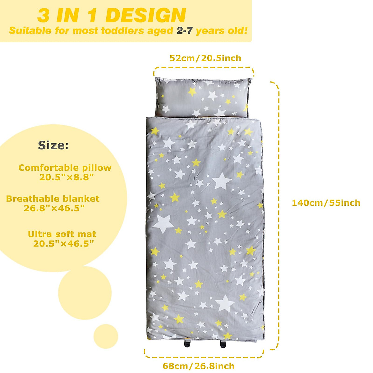 Hi Sprout Minky Dot Toddlers Nap Mat with Removable Pillow and Soft Blanket, Lightweight Daycare Preschool Kindergarten Sleeping Bag, Travel Slumber for Kids Girls Boys-Stars