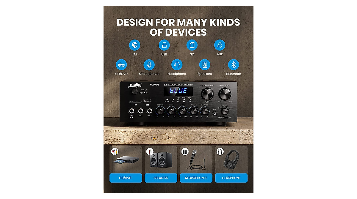 Moukey 220W Bluetooth Audio Amplifier - Home & Studio Use
