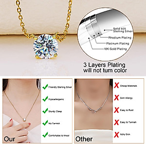 HOLYCOME Diamond Solitaire Necklace,3Carat Gold Plated Moissanite Pendant for Women,Sterling Silver Lab Diamond Necklace Moissanite Jewelry for Birthday Christmas Gifts