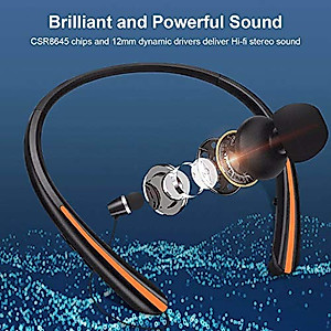 Bluetooth Retractable Headphones, Wireless Earbuds Neckband Headset Noise Cancelling Stereo Earphones(Orange)