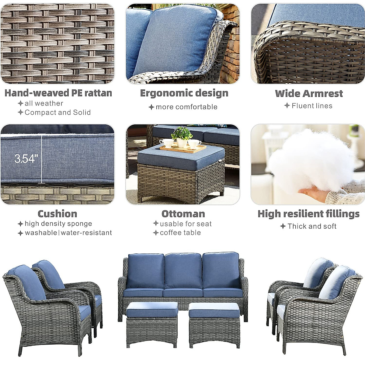 XIZZI Outdoor Furniture Patio Furniture Set 7 Pieces All Weather Wicker Patio Conversation with High Back Sofa Sectional and 2 Ottomans for Garden,Backyard and Deck,Grey Wicker Denim Blue