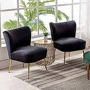 DUOMAY Modern Accent Chair Set of 2 Velvet Slipper Chair with Gold Legs Wingback Side Chair for Living Room Bedroom Entryway Small Corner Chair for Space Saving, Black