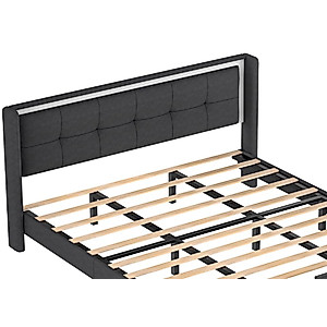 Queen Size Upholstered Platform Bed Frame with Headboard and Sturdy Wooden Slats, Wooden Bed for Bedroom, Non-Slip and Noise-Free, No Box Spring Needed, Easy Assembly, Dark Gray