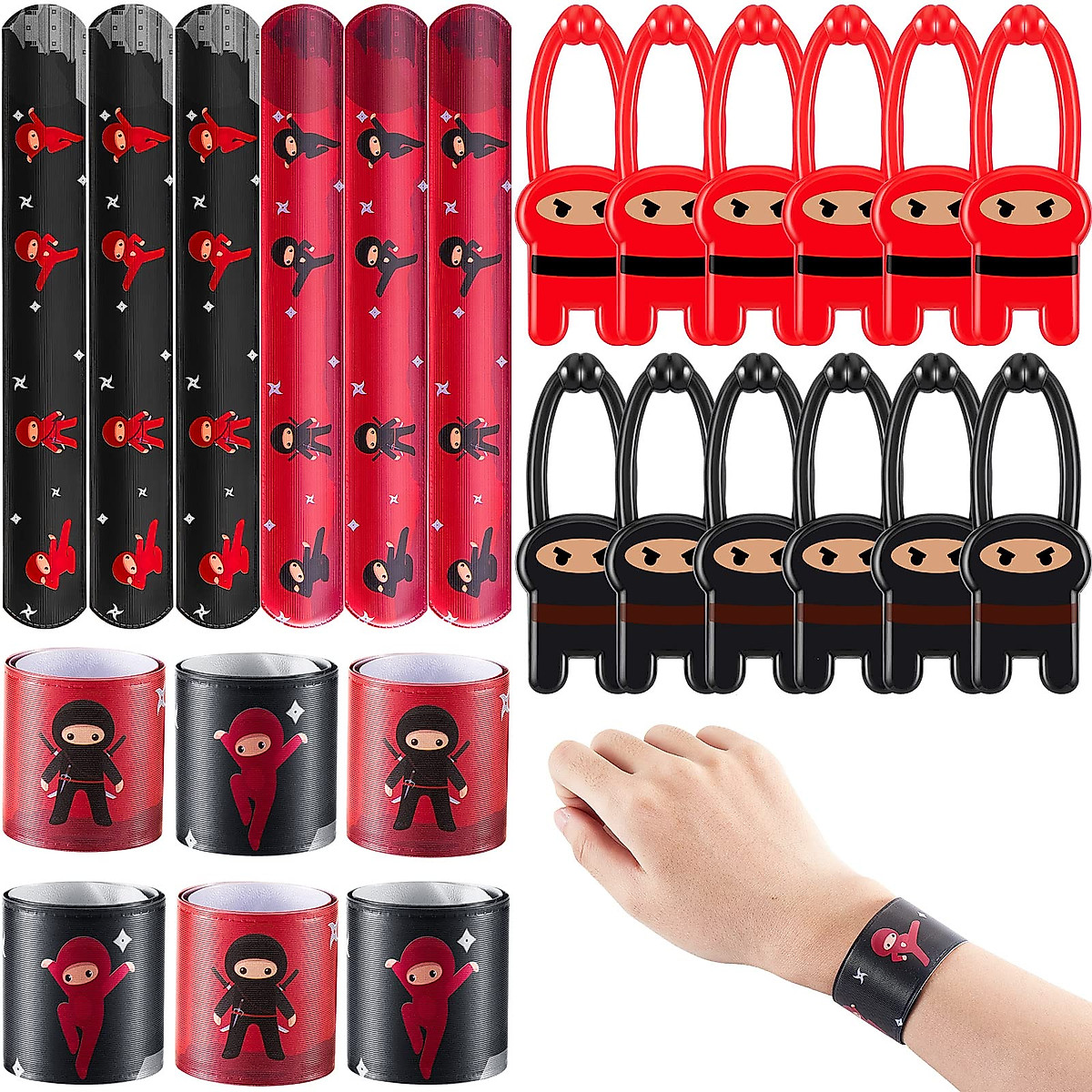 24 Pcs Ninjas Party Favors Include 12 Warrior Slap Bracelets 12 Stretchy Flying Ninjas Fun Interactive Slap Bracelet Elastic Finger Ninjas Funny Toys for Christmas Ninjas Theme Birthday Party Supplies