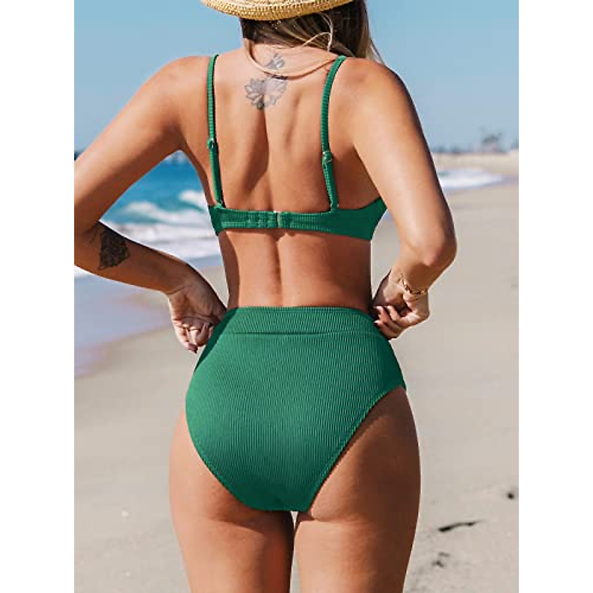 CUPSHE Bikini Set for Women Two Piece Swimsuits High Waisted Adjustable Spaghetti Straps Back Hook Backless, S Emerald Green
