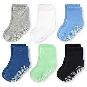 CozyWay Baby Anti Slip Crew Socks 12 Pack with Grips for Toddlers Little Boys Girls Infants Kids Non Skid Sox