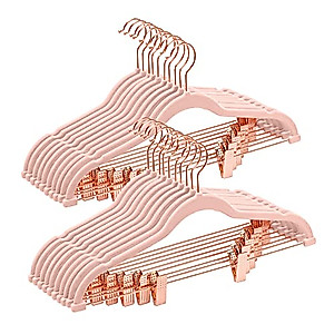 FSUTEG Velvet Pants Hangers, 24pack-16.7 Inch Coat Hangers with Rose Gold Colored Movable Clips, Heavy-Duty, Non-Slip, Space-Saving Blush Pink Skirt Hangers
