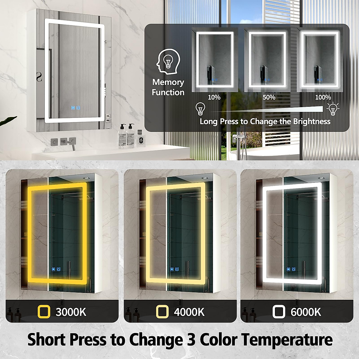 LALAHOO Medicine Cabinets for Bathroom,Medicine Cabinet Mirror,Lighted Medicine Cabinet with LED Lights,Adjustable Shelf, 3-Color, Dimmer,Defogger,20"x28"