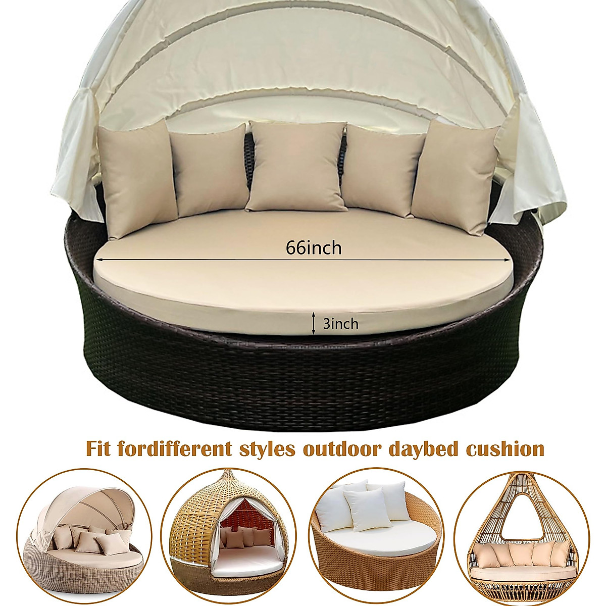 Sqodok Outdoor Daybed Cushion Cover 66" Patio Daybed Cushion Cover Waterproof with Elastic Band Outdoor Round Daybed Cushion Cover Replacement, Cover ONLY, Tan