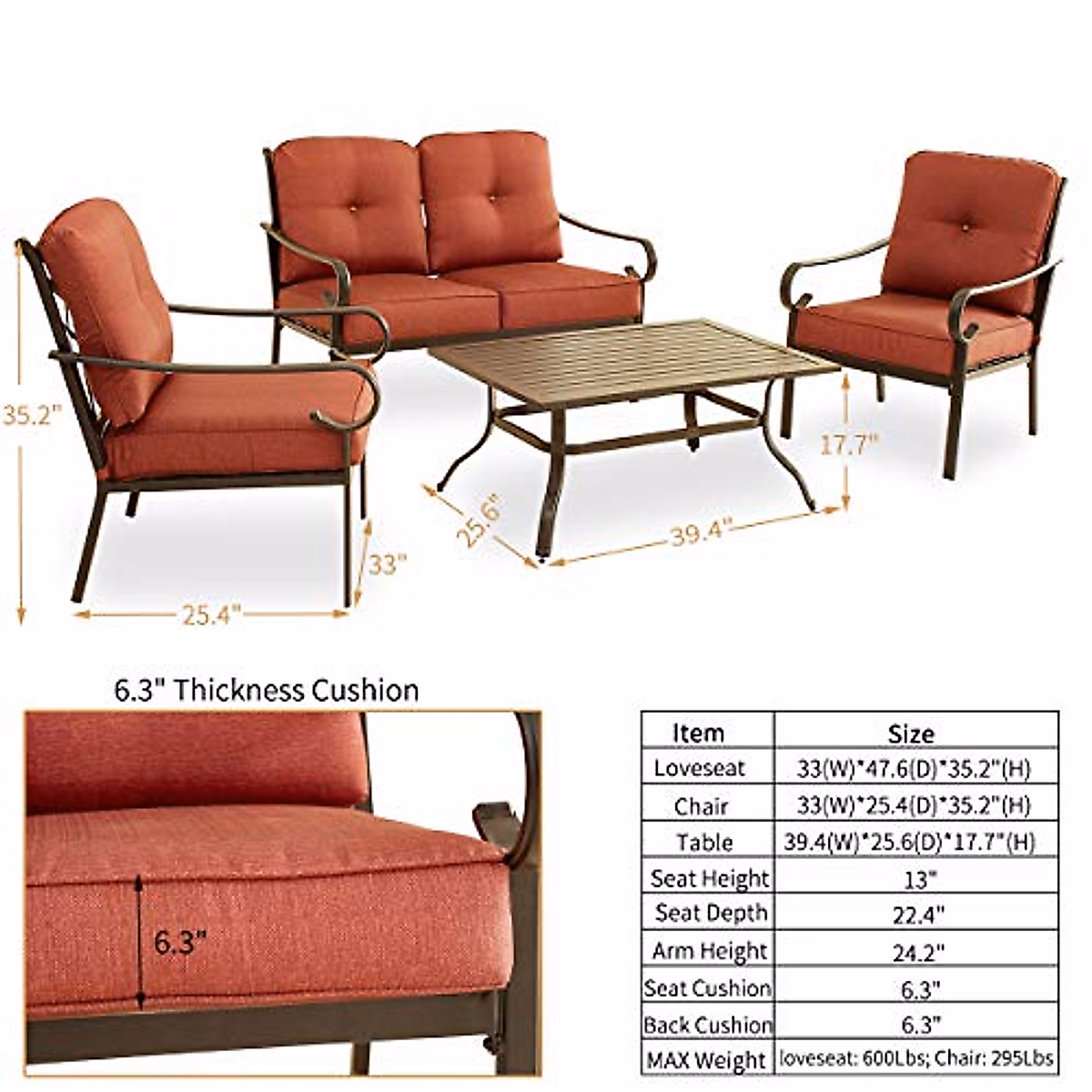 PatioFestival Patio Furniture Set 4 Piece Outdoors Sofas with 6.3 Inch Cushion Metal Bistro Conversation Set(Burgundy Red)