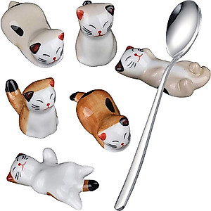 Pack of 6 Lovely Lucky Cat Porcelain Knife Rests Chopstick Rest set Ceramic Tableware Rest Set Ornament (Lucky Cat Set+Spoon)