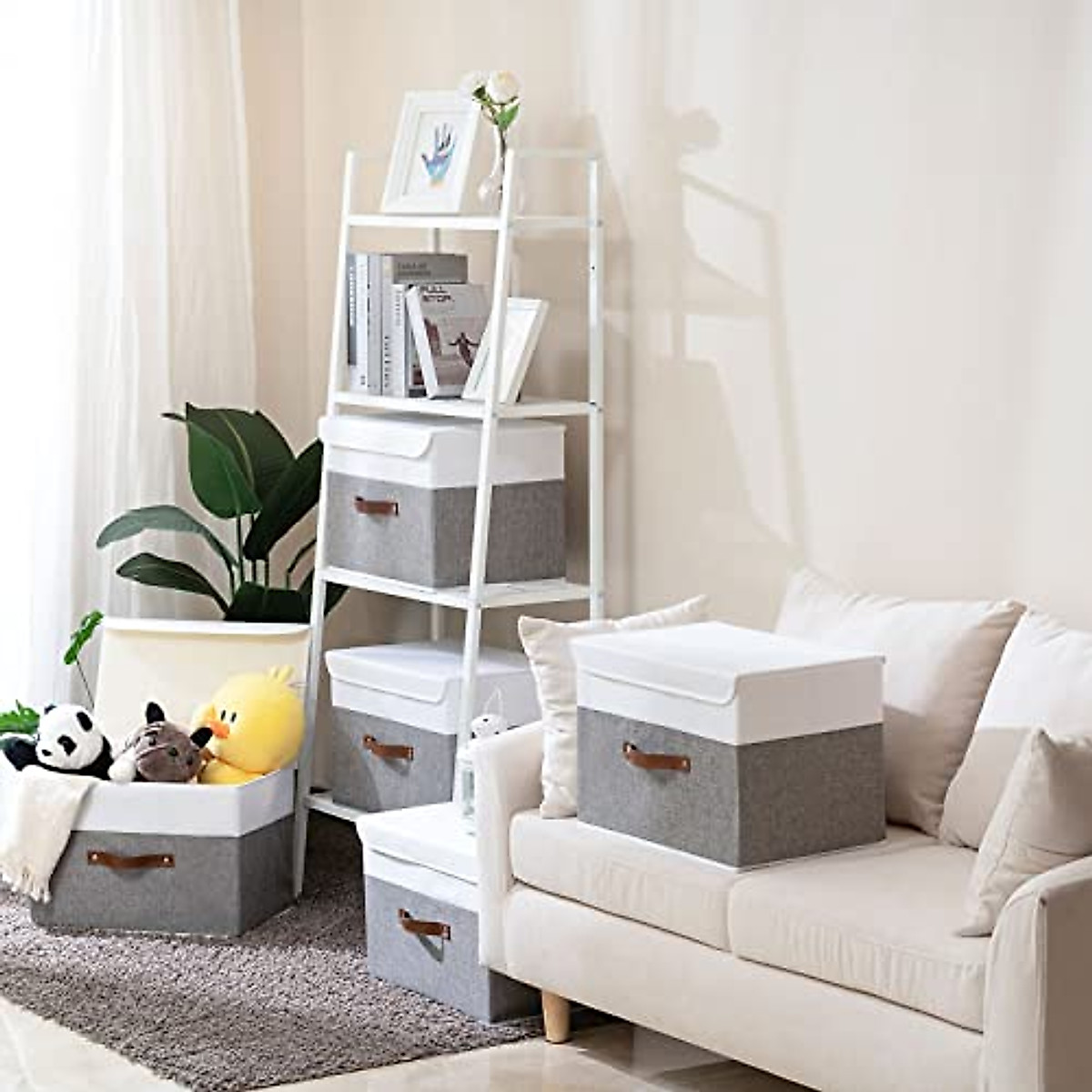 Yawinhe Collapsible Storage Boxes 1 Pack, Linen Fabric Storage Baskets Washable, with Lids and Leather Handle, for Home Bedroom Closet Office, (White/Grey, 17.7x11.8x11.8in), USNK024WGX-1