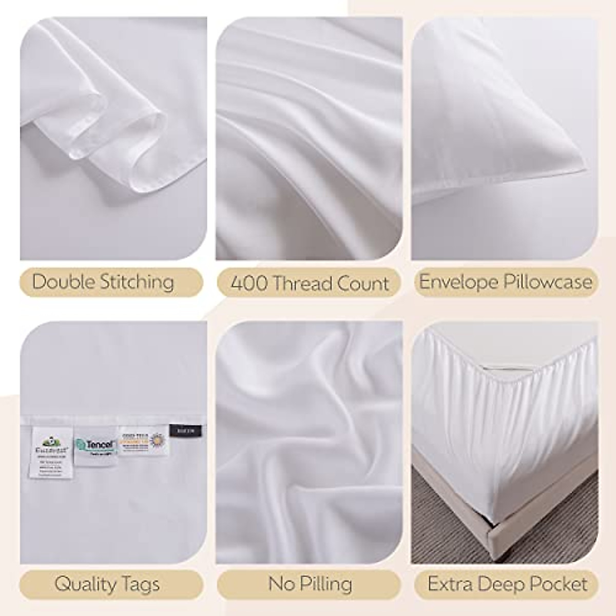 Split-King Eucalyptus Lyocell Bed Sheets, Hypoallergenic 100% Organic Tencel, Thermal Regulating and Moisture Wicking for Hot Sleepers, Superior to Bamboo Viscose. Extra Deep Pockets - White