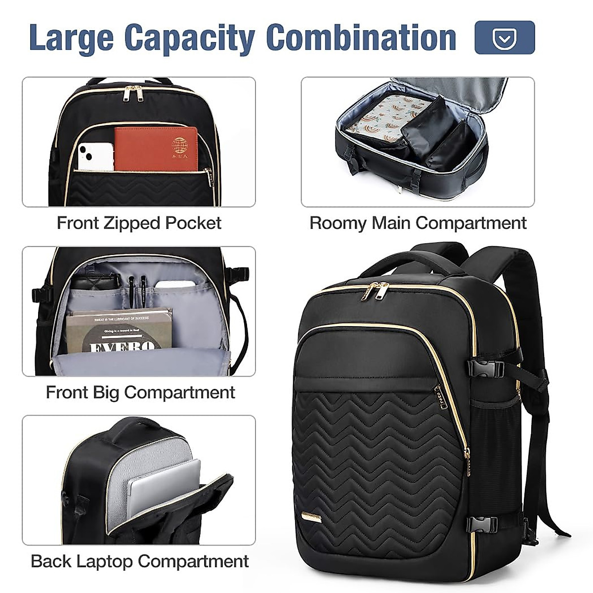 Lekebobor Large Travel Backpack for Women Men Carry on Backpack 17 Inch Flight Approved Luggage backpack Water Resistant Backpack for Weekender Overnight Large Daypack Black