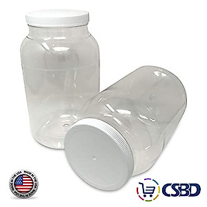 CSBD 1-Gallon Clear Plastic Jars With Ribbed Liner Screw On Lids, BPA Free, PET Plastic, Made In USA, Bulk Storage Containers 2-Pack (1-Gallon)